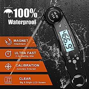 Meat Thermometer, Instant Read Food Thermometer with Backlight & Calibration Function, IP67 Waterproof Fast Digital Cooking Thermometer for Candy Beef BBQ Grilling Baking (Dark Black)