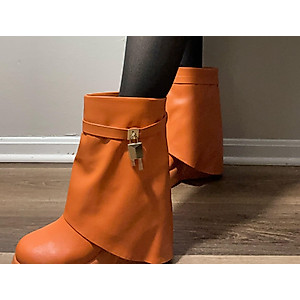 Liliana Women Round Toe Wedge Heel Fold Over Mid-calf Boots Brook-1 Orange Pu 8.5