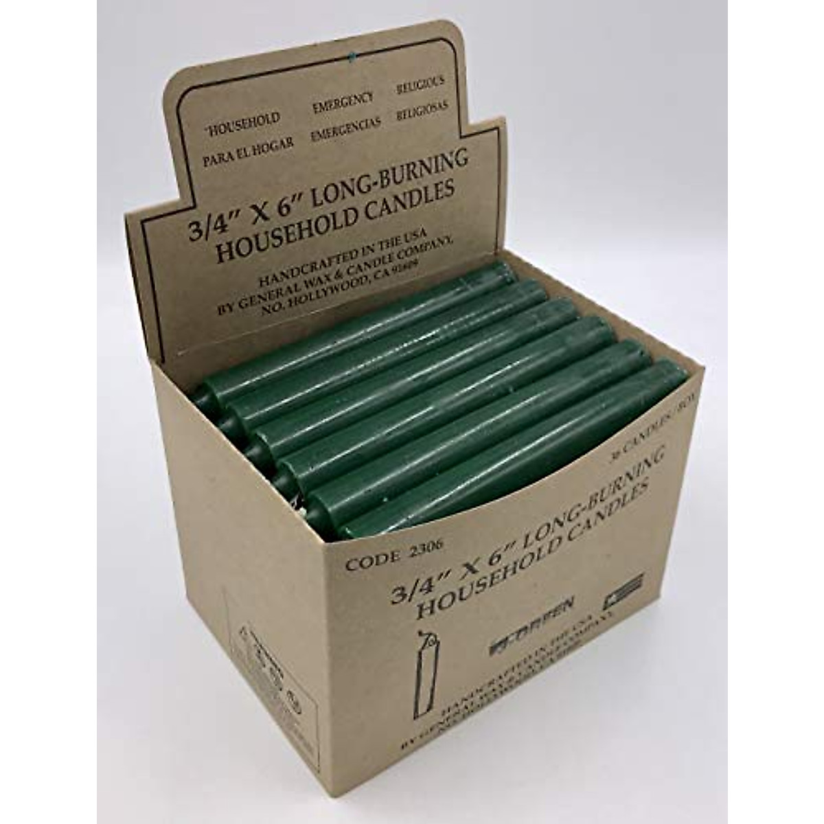 1 Box of 36 Household Utility Candles 6" x 3/4" Unscented (Green)