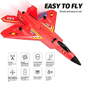 ANTSIR Remote Control Plane F-22 Raptor, 2.4Ghz Smart Gyroscope RC Airplane with Light Strip, Jet Fighter Toy Gift for Kids Beginner (Red)