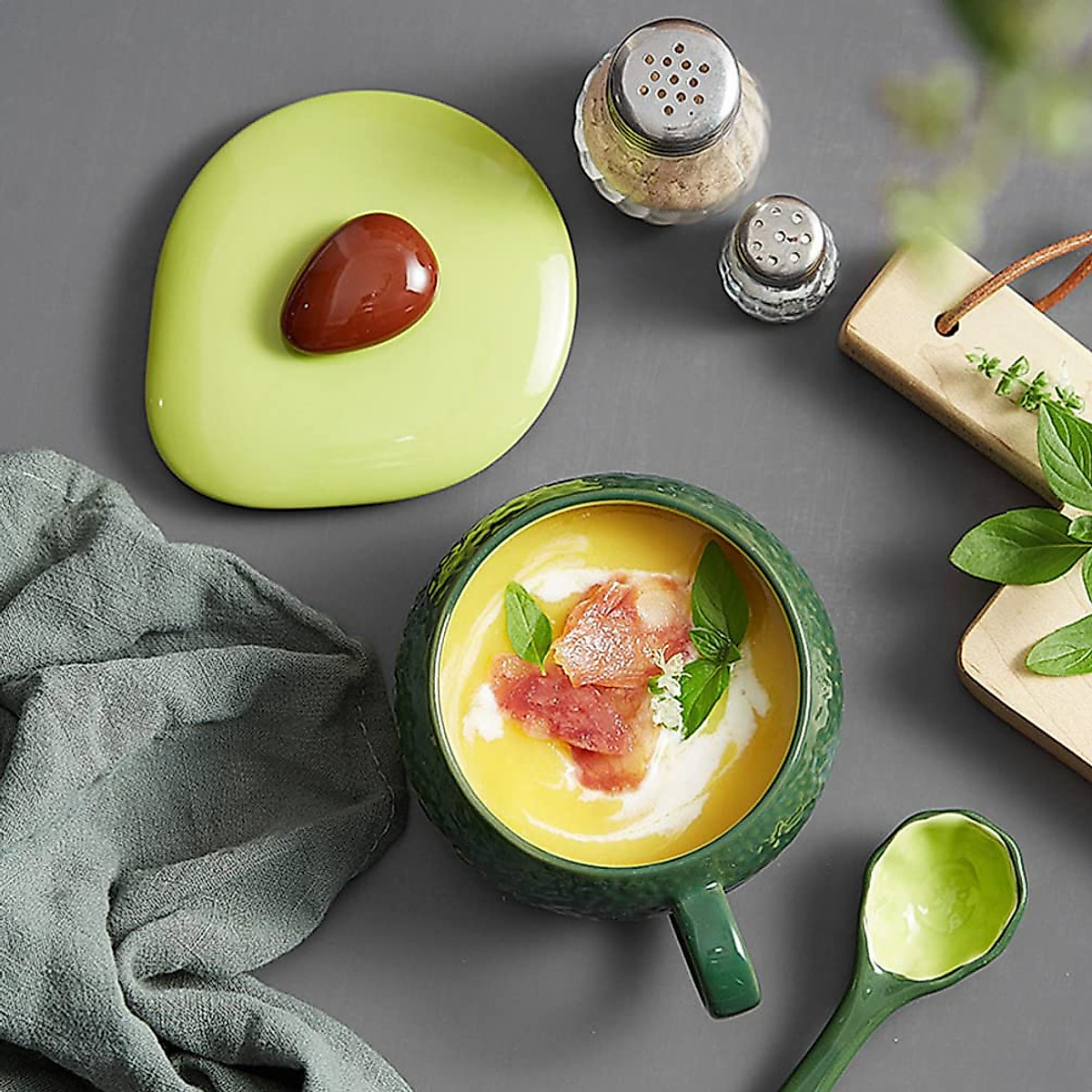 Cabilock Ceramic Stew Pot Steam Soup Bowl Small Steaming Mug Cup Avocado Shapes Sugar Bowls with Lid Spoon Serving Dish Bowls for Home Kitchen