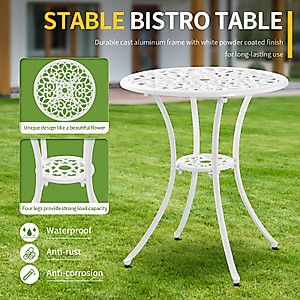 Withniture Patio Bistro Sets, Cast Aluminum Bistro Table and Chairs Set of 2 with Umbrella Hole, Bistro Set 3 Piece Outdoor, Metal Patio Furniture Set for Garden Porch, White