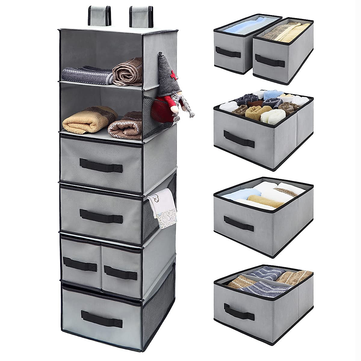 6 Shelf Hanging Closet Organizers Storage Easy Mount Collapsible Accessory Closet Shelf Organizer, Baby Nursery Sweater or Shoe Organizer (Gray)