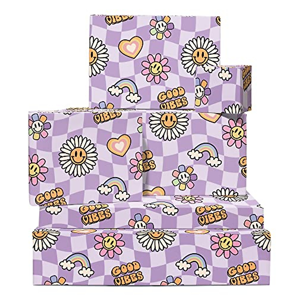 CENTRAL 23 Purple Wrapping Paper - Boho Birthday Wrapping Paper - 'Good Vibes' - 6 Sheets Gift Wrap - For Teens Gen Z Girls - Daisy Rainbow Funky - Comes With Fun Stickers