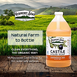 Vermont Castile Lemongrass Zen Soap, Gentle Liquid Soap for Sensitive Skin & Natural Body Wash, Organic Hair Shampoo for Oily Hair, Aloe Castile Soap for Men & Women - 64 Oz
