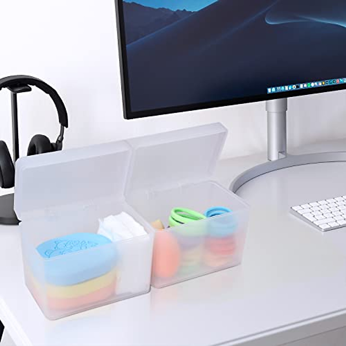 Cotton Swab Holder 2-Pcs Bathroom Canisters, Clear Plastic Storage Box With Hinged Lids, Makeup Organizer-Suitable for Q-Tips, Cotton Balls, Cotton Pads, Lipsticks, Cosmetics (2 Middle Boxs)