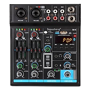 Depusheng M4 Portable Mini Mixer 4-Channel Audio Mixer DJ Console with Sound Card, Bluetooth Function, USB, 48V Phantom Power for PC Recording Webcast Party