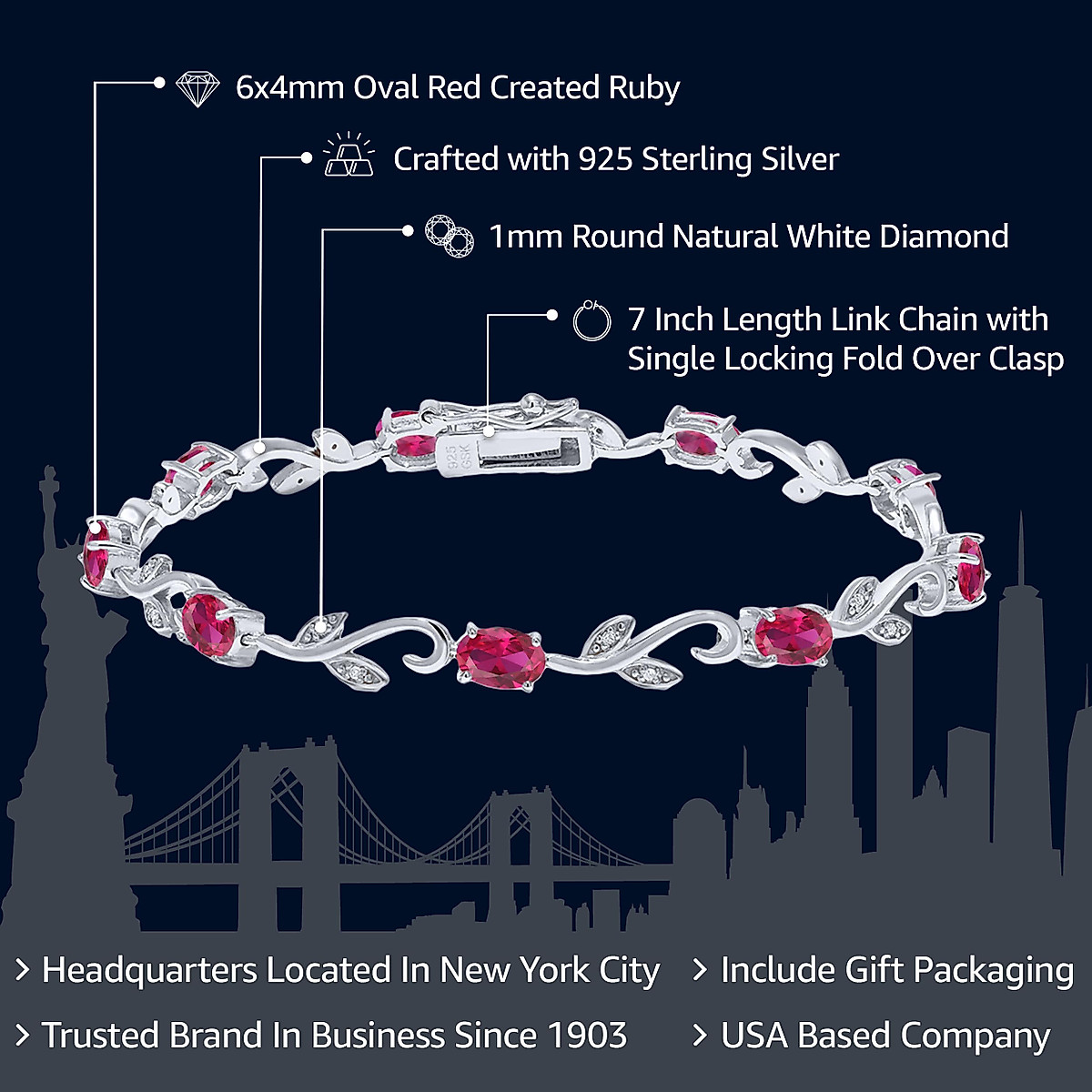 Gem Stone King 925 Sterling Silver Red Created Ruby and White Diamond Greek Vine Tennis Bracelet For Women (4.63 Cttw, Oval 6X4MM, 7 Inch)