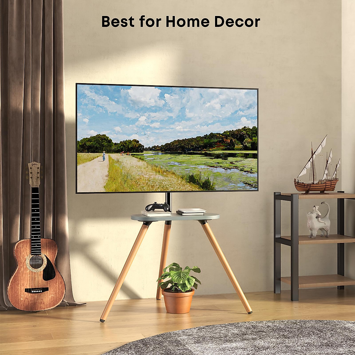 PUTORSEN Easel TV-Stand for 43-65-Inch Screens - Portable Swivel Tripod TV Stand with Wooden Tray, Height Adjustable TV Floor Stand, Max Load 77 lbs, Max VESA 400x400 mm, Black