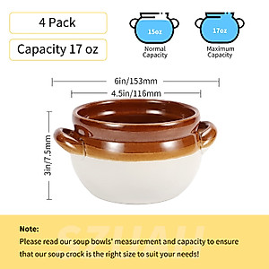 SZUAH 17 OZ French Onion Soup Bowls Set of 4, French Onion Soup Crocks Oven Safe Soup Bowls with Handles, Dishwasher, Microwave, Broiler Safe, Ceramic Bowl Set for Stews, Soup, Cheese & Chili