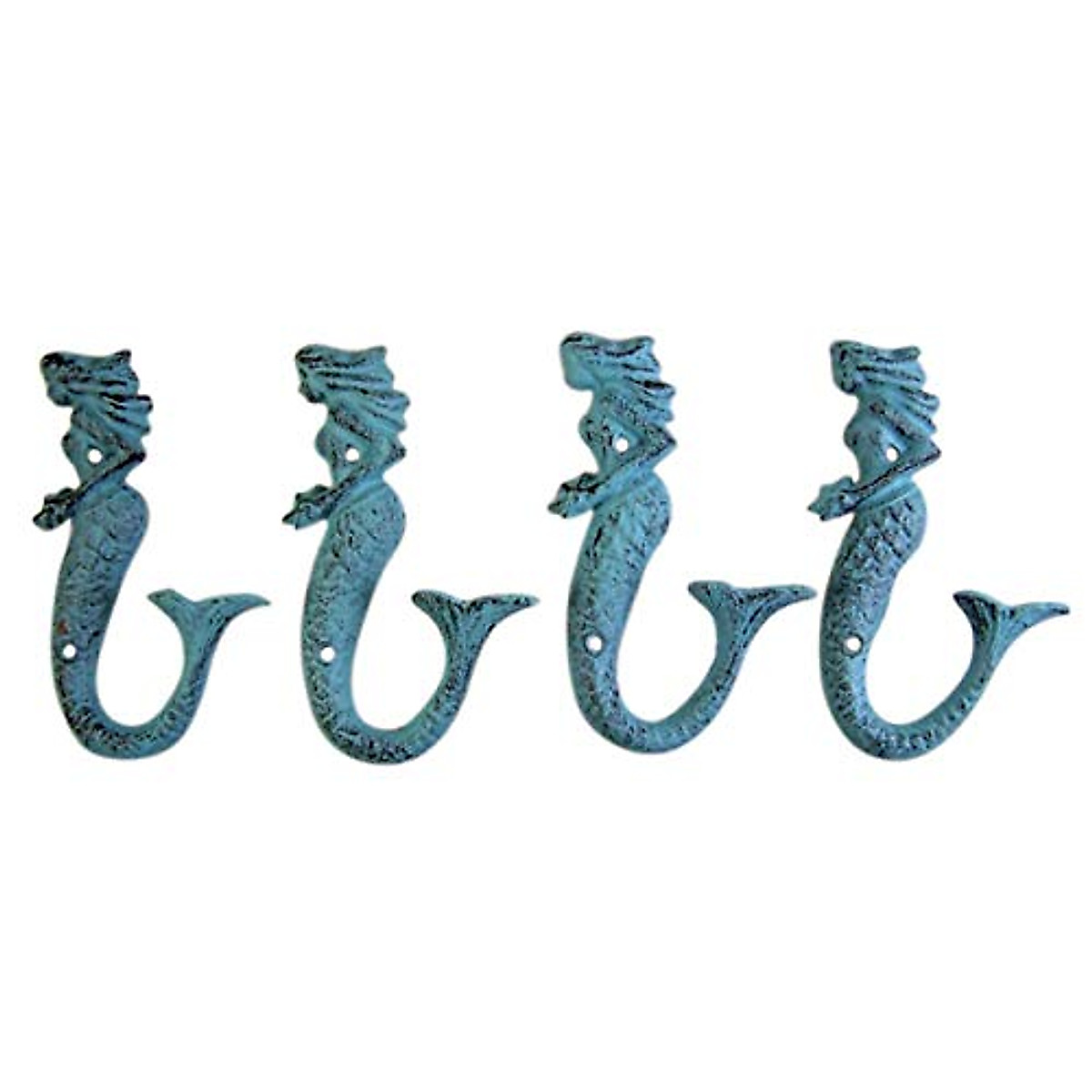 Aqua Blue Cast Iron Mermaid Wall Hook 5 3/4 Inch (Set of 4)