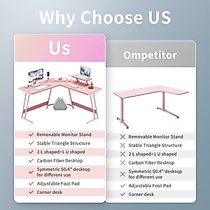 VICTONE L Shaped Gaming Desk, Corner Desk with Monitor Stand, Computer PC Table for Home Office Writing Studying Working, Space-Saving, Easy Assemble(Pink,51'')