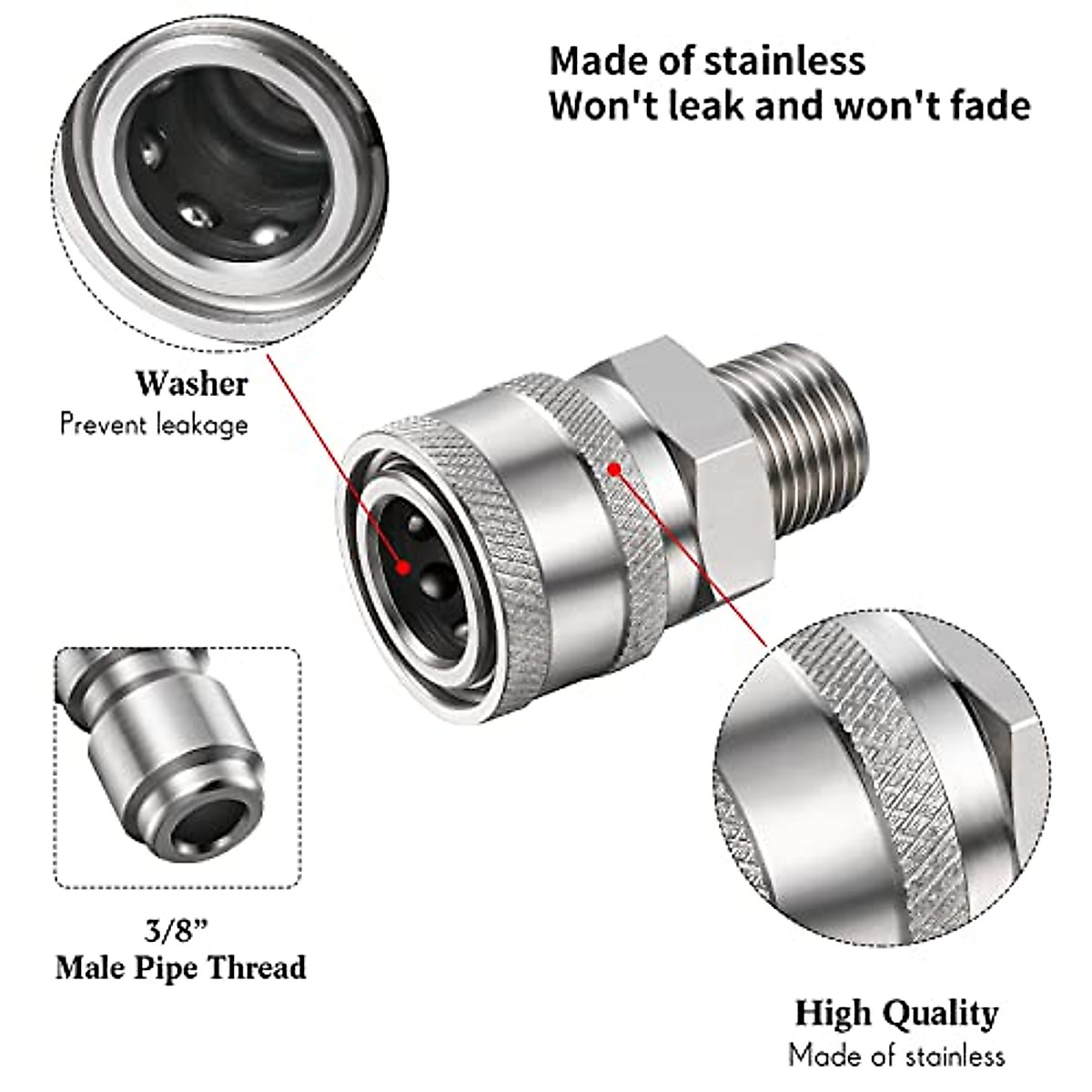 Hotop 4 Sets NPT 3/8 Inch Stainless Steel Male & Female Quick Connector Kit Pressure Washer Adapters Hose Quick Connector(Internal & External Thread)