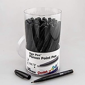 Pentel Arts Sign Pen, Fiber-tipped, Black Ink 36-pk Canister (S520PC36A)