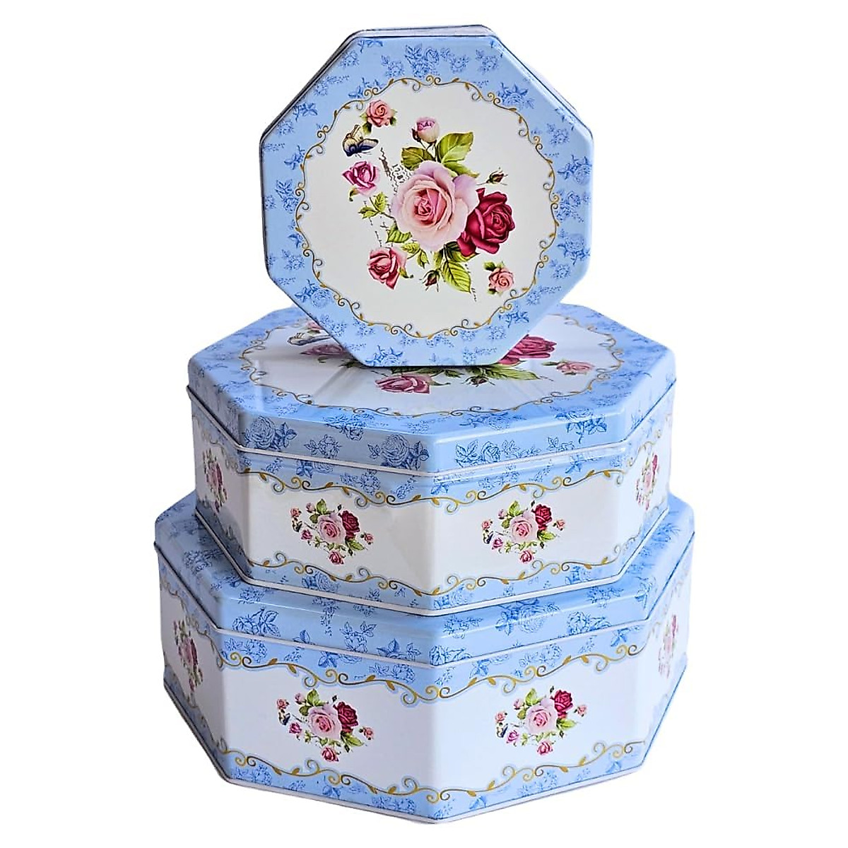 Elegant Blue French Rose Metal Tins - Set of 3