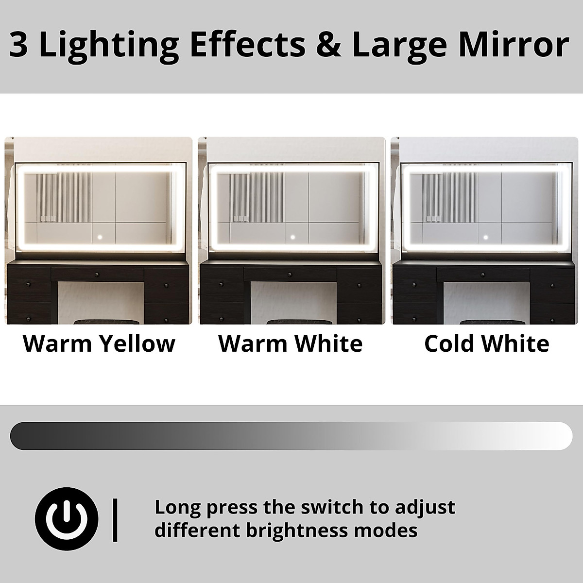 IRONCK Vanity Desk with LED Lighted Mirror & Power Outlet, 7 Drawers Makeup Vanities Table with Stool, for Bedroom, White