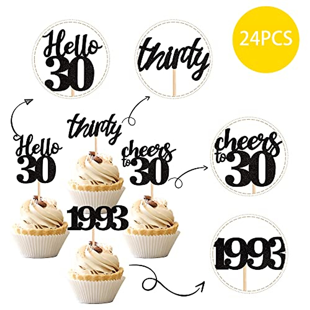 24 PCS Black 30th Birthday Cupcake Toppers Glitter Hello 30 Cupcake Topper Cheers to 30 Since 1993 Thirty Cupcake Picks for Happy 30th Birthday Anniversary Party Cake Decorations Supplies