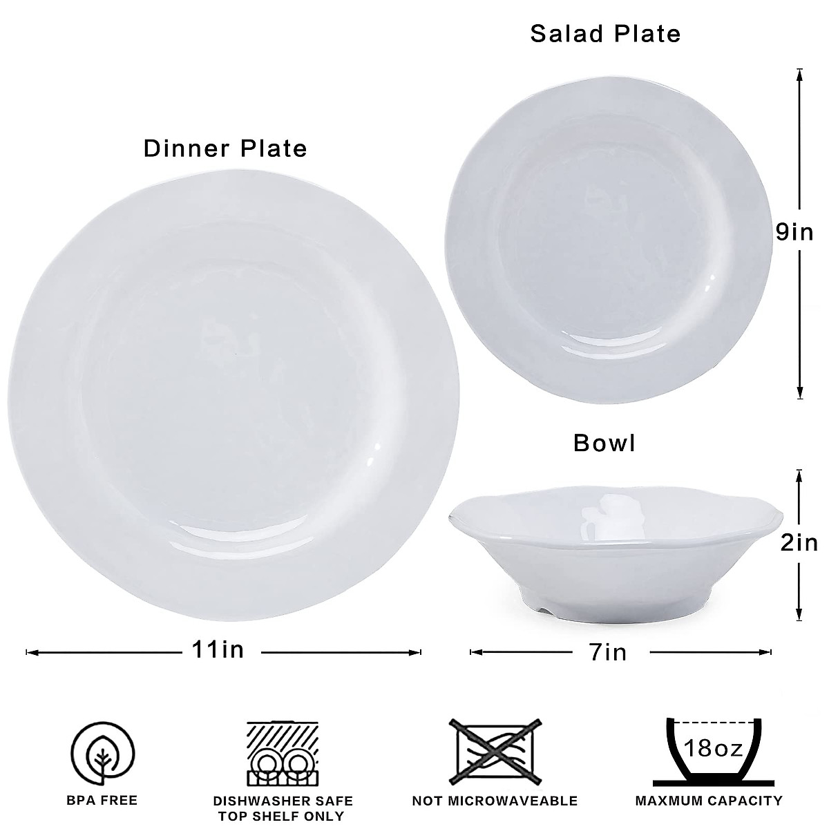 LEHAHA Basic White Melamine Dinnerware Sets, 18 Piece melamine dishes set, Service for 6, Plates and Bowls Sets Great for Indoor and Outdoor Use, Dishwasher safe…