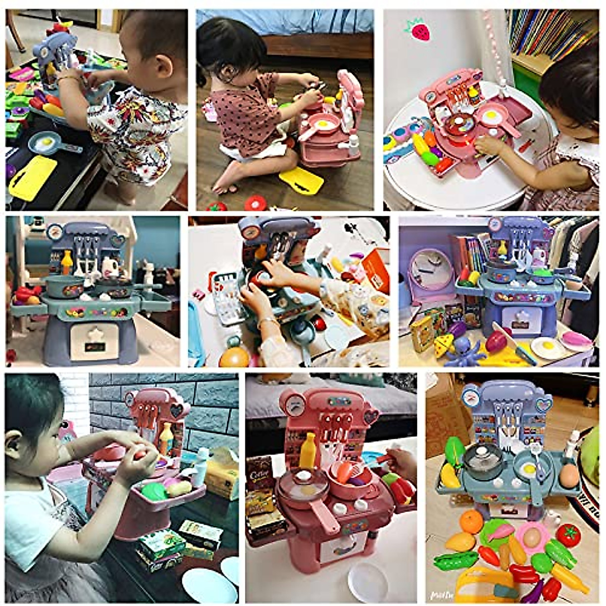 Kitchen Toys Imitated Chef Light Music Pretend Cooking Food Play Set Children Girl Toy Gift Fun Game Toy Kitchen Sink with Running Water and Electronic Induction Stove (blue kitchen and more food)