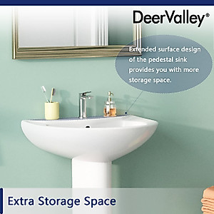 DeerValley DV-1P523 Compact White Ceramic Pedestal Sink, 20" X 17" Inch Pedestal Bathroom Sink With Overflow and Pre-Drilled Single Hole