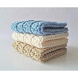 Handmade Crochet Washcloths set of 3, 100% cotton, Dish cloths, Dish Towels, Baby wipes, Baby washcloths, Spa Cloths, Blue Cotton Washcloths, linen