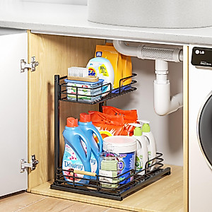 Delamu Under Sink Organizers and Storage, 2 Pack Under Kitchen Sink Organizer, Height Adjustable Bathroom Cabinet Organizer, Pull out Under Cabinet Organizer and Storage, Black