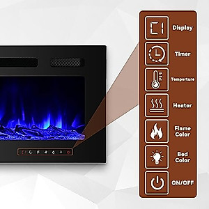 30" Electric Fireplace Recessed and Wall Mounted LED Fireplace with Remote Control 8h Timer, 12 Flames,Touch Screen, in-Wall Fireplace with Log & Crystal Hearth for Living Room