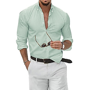 JMIERR Mens Slim Fit Casual Button Down Dress Shirts Pinpoint Stripe Long Sleeve Fall Shirt US 37.5(S),Green