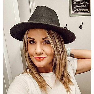 Lanzom Womens Classic Wide Brim Floppy Panama Hat Belt Buckle Wool Fedora Hat (One Size, Black)