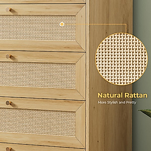 AOGLLATI Rattan Dresser for Bedroom with 5 Drawer, Modern Double Wooden Tall Bedroom Dresser, Chest of Drawers with Metal Handle & Solid Wood Legs for Bedroom/Living Room,Nature
