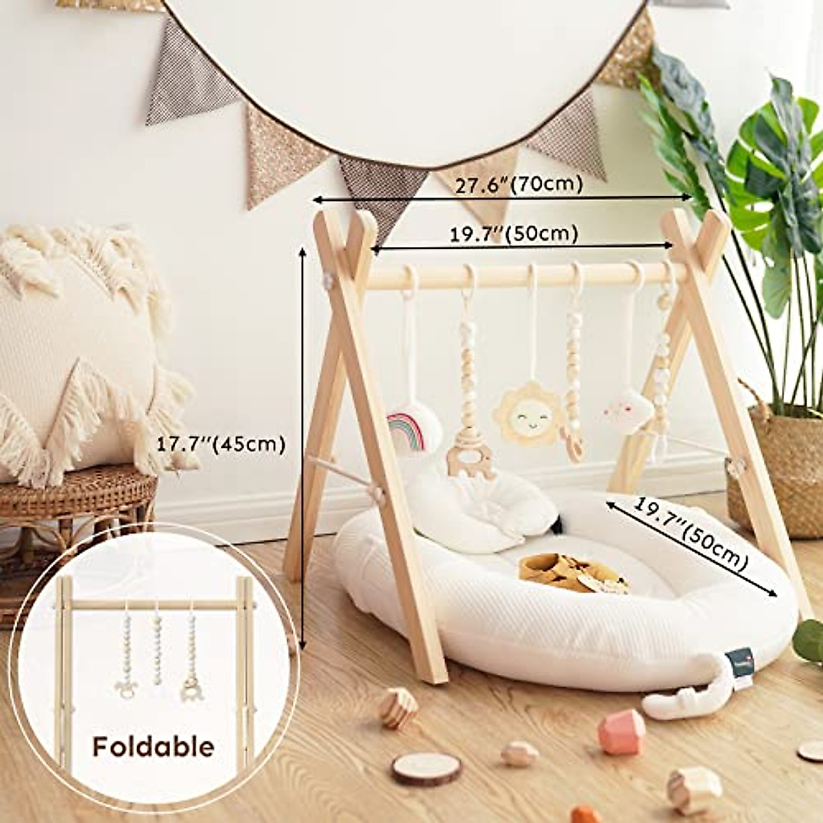 Wooden Baby Gym with 6 Wooden Baby Toys Foldable Baby Play Gym Frame Activity Gym Hanging Bar Newborn Gift Baby Girl and Boy Gym