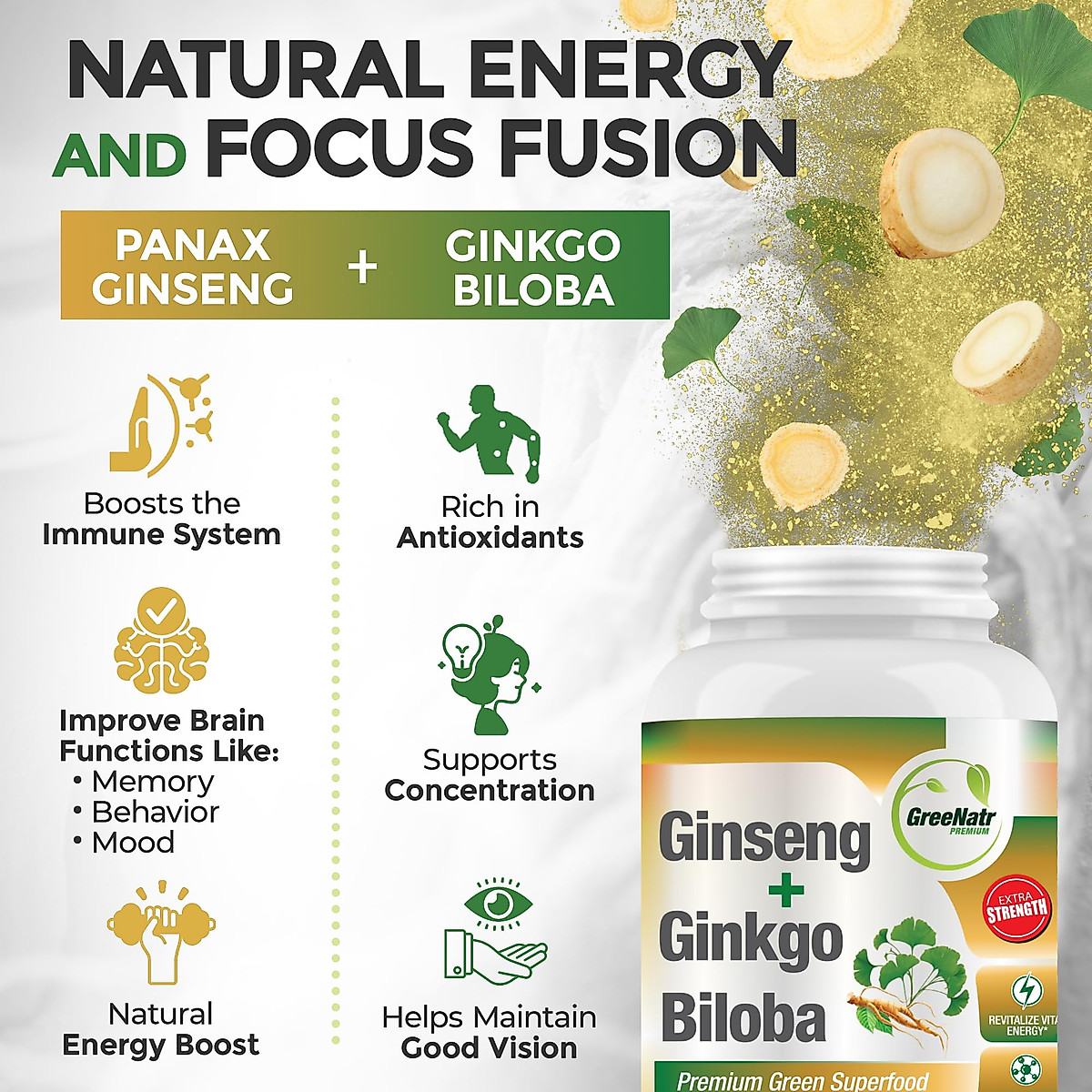 GreeNatr Ginko Biloba & Panax Ginseng Supplement - Red Ginseng Brain Supplement for Memory and Focus - Ginkgo Biloba Supplements for Good Vision, Immune System and Improved Blood Flow - 3 Bottles