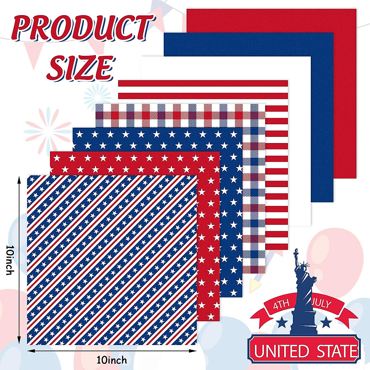 Whaline 8Pcs Patriotic Cotton Fabric Bundles Red Blue White Star Stripe Fat Quarters 4th of July Quilting Patchwork for Independence Day DIY Handmade Craft Party Decor, 10 x 10 Inch