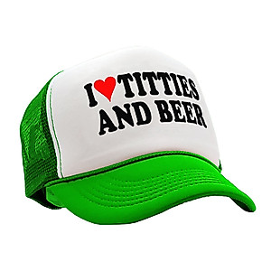 I Heart Titties and Beer - Love Funny Gag - Vintage Retro Style Trucker Cap Hat (Neon Green)