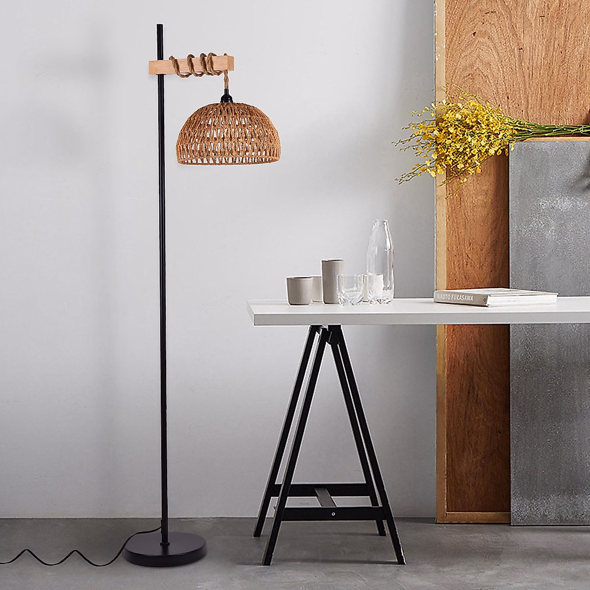 Boho Arc Floor Lamp with Remote, Rattan Farmhouse Standing Lamps with Dimmable LED Bulb, Modern Black Tall Lamp with Woven Shade for Living Room Office Bedroom, App Control, Height Adjustable