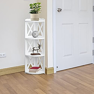 NHZ Corner Shelf Stand, Wood Corner Bookshelf, Corner Bookcase and Plant Stand (White, 4 Tier)