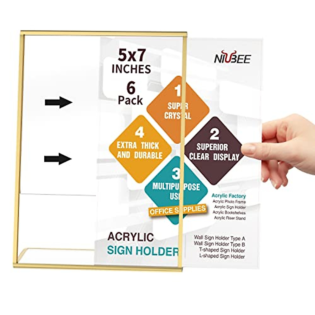 NIUBEE 6 Pack 5 x 7 Acrylic Gold Frame, Slanted Back Table Sign Holder for Wedding Table Numbers, Restaurant Signs, Photos and Art Display Visit the Store