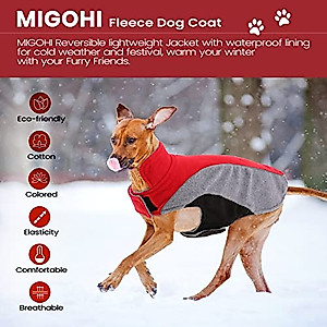 MIGOHI Fleece Dog Winter Coat, Warm and Soft Dog Sweaters Puppy Pajamas with Leash Hole and Hook Loop Closure, Reversible Dog Cold Weather Vest Apparel Pet Jackets for Small Medium Large Dogs, Red L