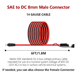 14 AWG 6 Feet SAE Connector to DC 8mm Male Connector Extension Cable