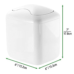 mDesign Plastic Square Mini Wastebasket Trash Can with Swing Lid for Bathroom Vanity, Makeup Table, Inside Cabinet, Cupboard - Holds Garbage, Waste, Recycle - Aura Collection - White