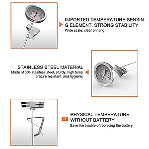 Deep Fry Thermometer Mechanical Meat Thermometer for Deep Fry, Grilling Dial Thermometer Stainless Steel Stem Meat Cooking Thermometer with Adjustable Pot Clip(Size:200 mm)