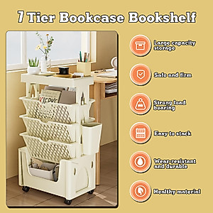 AVSMGP 5-Tier Movable Bookshelf, Rolling Utility Cart Space Saving Standing Shelf Unit Storage Rack Organizer, Multi-Functional Movable Storage Book Shelves for Study Office Kitchen Classroom,Pink