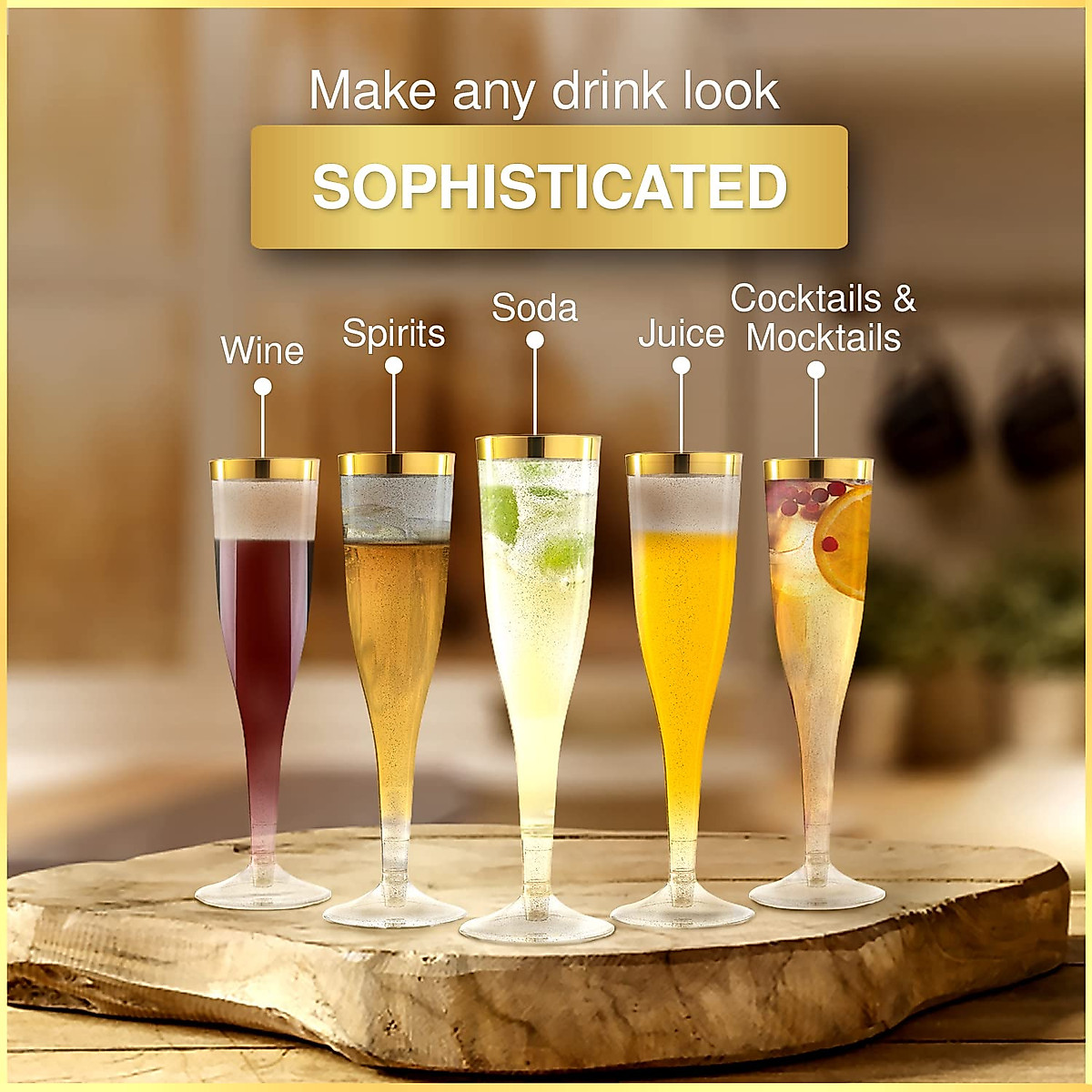CHATEAU FINE TABLEWARE 36 Plastic Champagne Flutes, 6.5 Oz Plastic Glasses Gold Rim & Glitter Gold Mimosa Glasses, Brunch Decor, Plastic Flutes Champagne Disposable