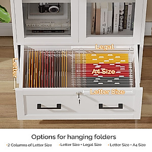 VINGLI Wood Lateral File Cabinet With Bookshelf With Glass Doors And Adjustable Shelves for Home Office, White Filing Cabinet With Lock for Hanging Letter/A4/Legal Size Labeled Folders,30W x 16D x 55H