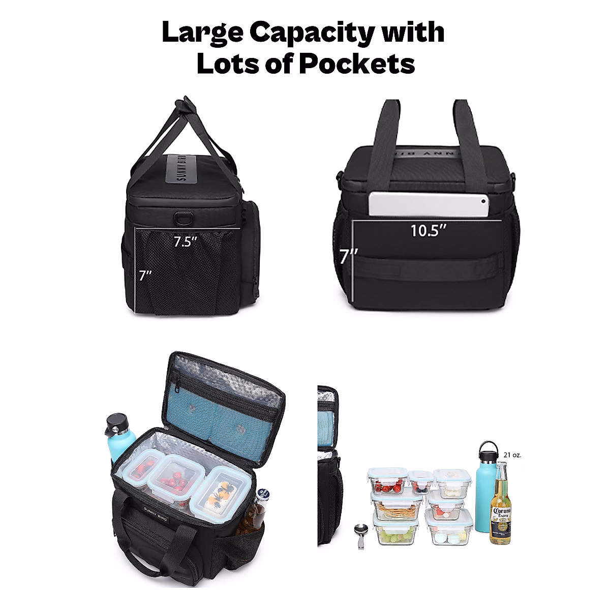 SUNNY BIRD 12L Large Insulated Lunch Bag, Leakproof and Foldable Lunch Cooler Box for Women Adult and Men, Fits 18 Cans (Black 01)