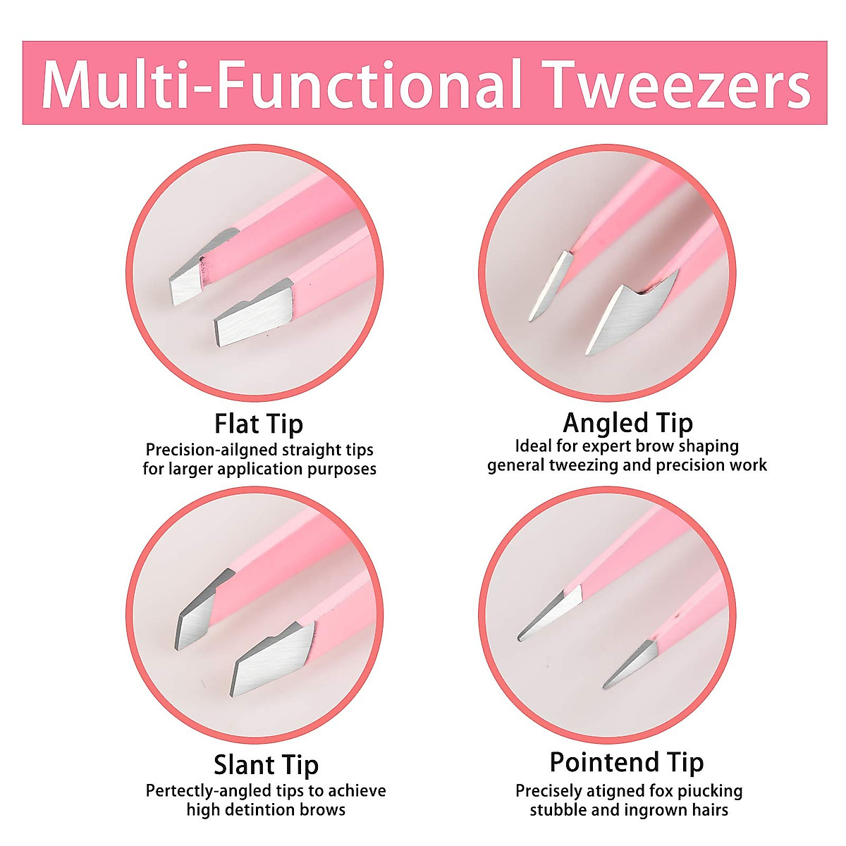 Tirdkid Tweezers Set 4-piece, Professional Stainless Steel Tweezers, Precision Tweezers for Eyebrows, Facial Hair, Ingrown Hair, Splinter, Blackhead and Tick Remover (PINK)