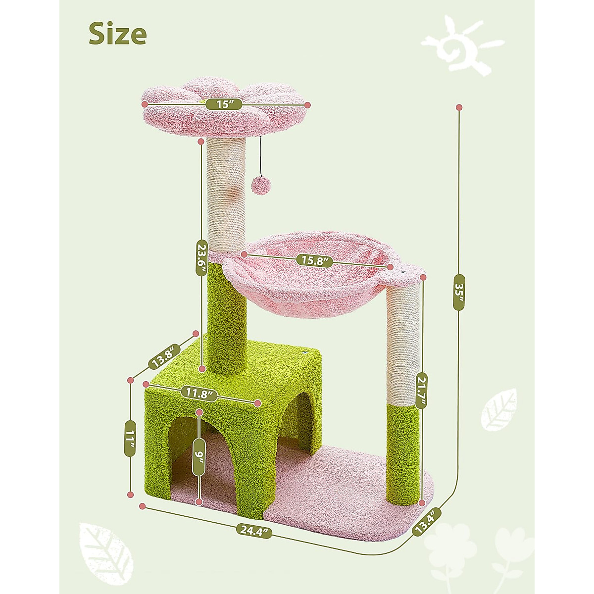 MUTTROS Flower Cat Tree with Large Metal Frame Hammock, 35" Cute Cat Tower with Sisal Scratching Posts for Small Indoor Cats, Cat Condo with Pink Top Perch for Kittens, Pink