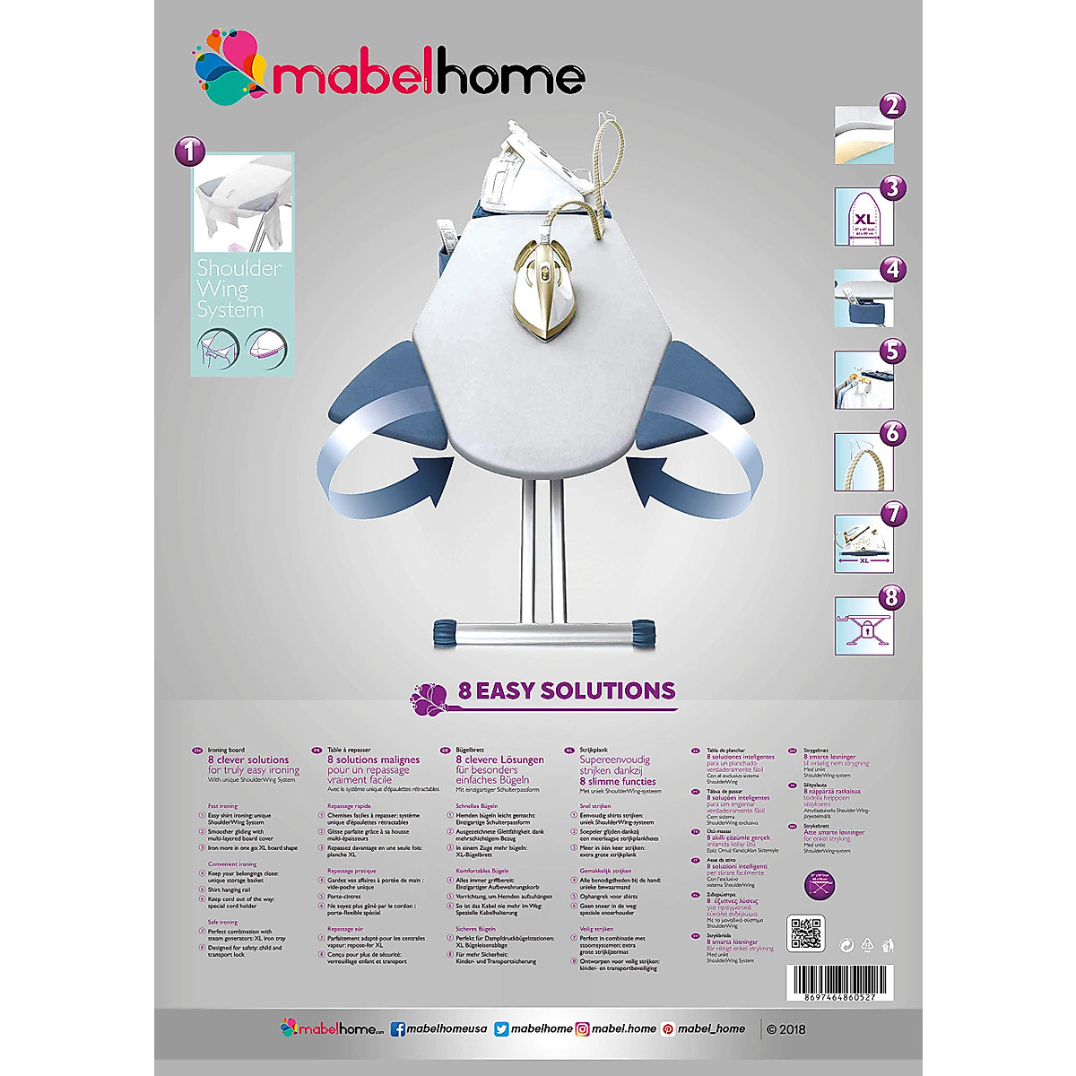 Mabel Home Ironing Board with Extra-Wide Surface, 8 Features, Retractable Shoulder Wings, Adjustable Height, 100% Cotton Cover