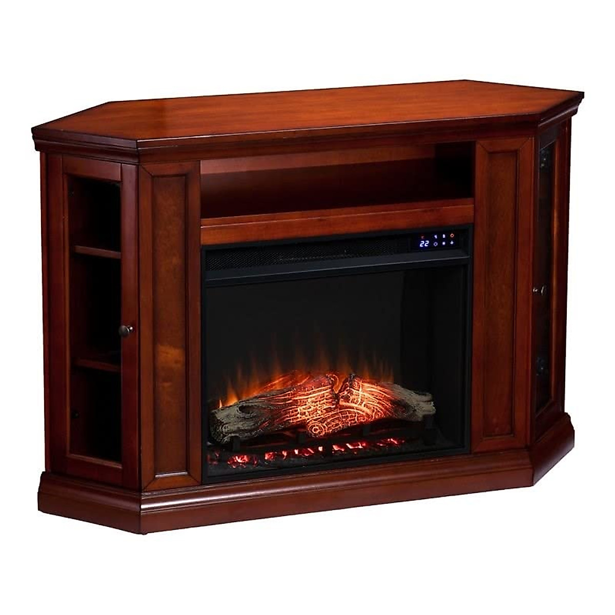BOWERY HILL Modern Touch Screen Wood Electric Corner Fireplace in Mahogany