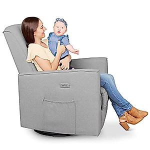 Evolur Harlow Deluxe Upholstered Plush Seating Glide Rocker, Swivel, Power Recliner with USB Port, Greenguard Gold Certified, Glider Chair for Nursery in Light Grey